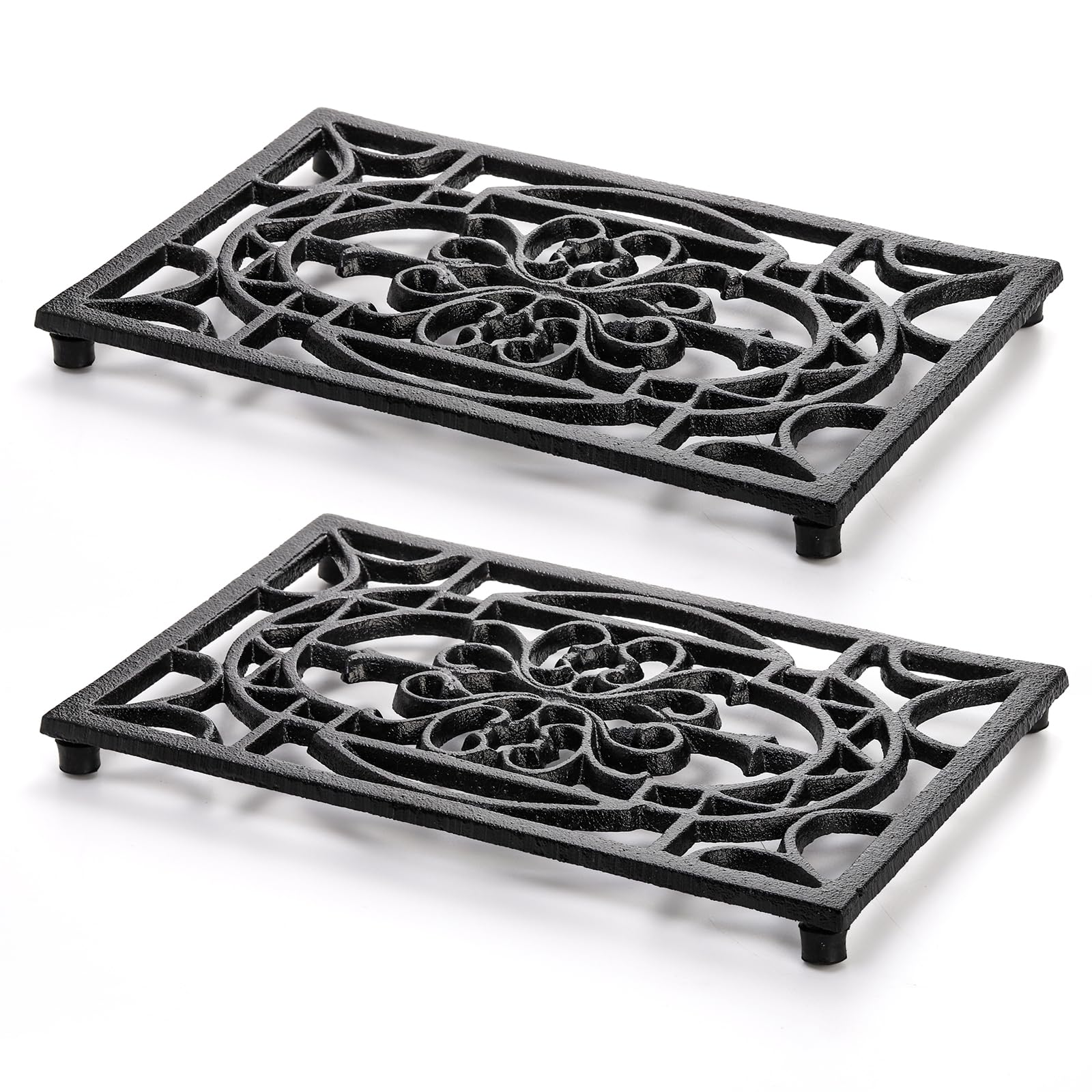 Fasmov 2 Pack Rectangle Cast Iron Trivet, 9.4 x 6.2 Inch Heat Resistant Trivet for Hot Dish Pot Pan Plate Teapot, Decorative Trivet with Rubber Feet, Pot Holders for Kitchen Dining Countertop Table