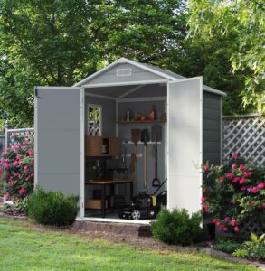 devoko outdoor storage shed, 6x4 ft plastic resin shed with floor, garden tool sheds with lockable door for patio backyard lawn pool