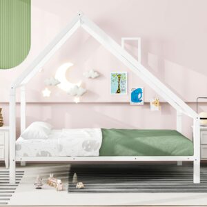 bellemave twin house bed for kids, kids twin bed, twin bed for girls/boys, montessori bed for kids with roof, metal house bed for kids, white