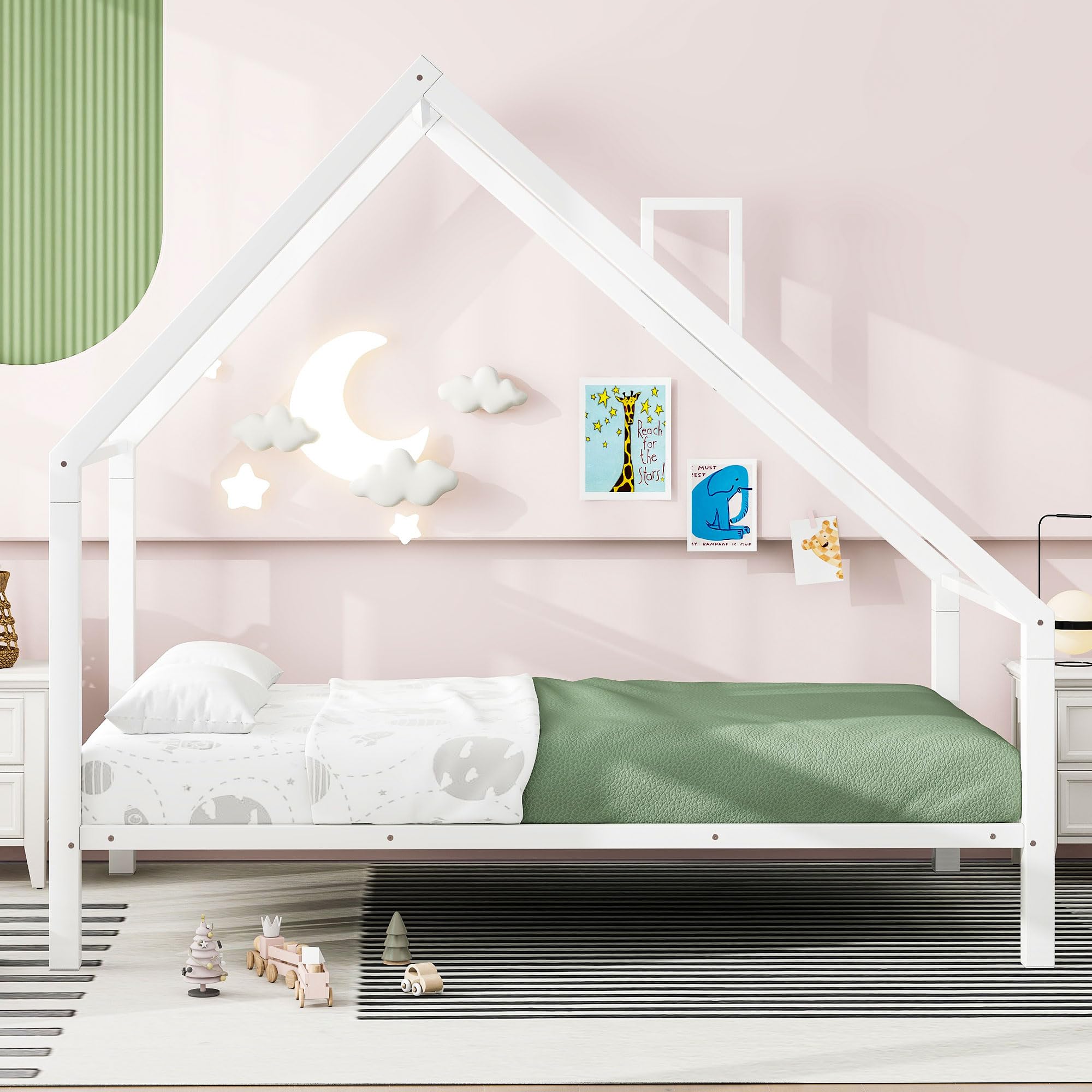 Bellemave Twin House Bed for Kids, Kids Twin Bed, Twin Bed for Girls/Boys, Montessori Bed for Kids with Roof, Metal House Bed for Kids, White