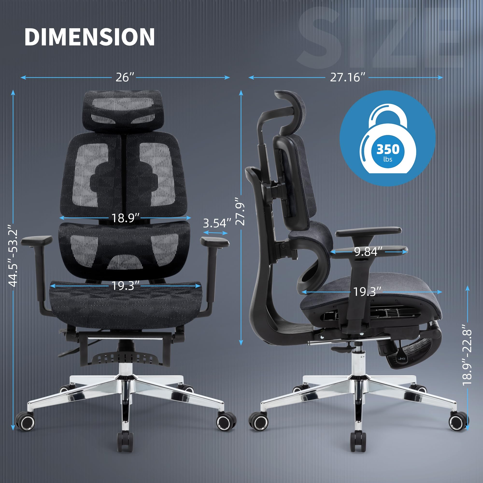 Ergonomic Dual Backrest Office Chair with Footrest- High Back Mesh Desk Computer Chair with Adjustable Seat Depth and Adaptive Lumbar Support, 4D Arms Metal Base Multifunctional Executive Swivel Chair