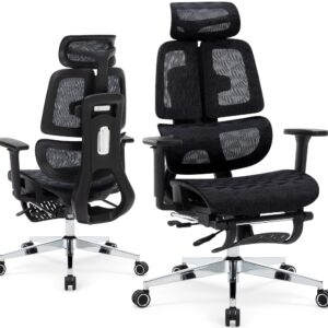 Ergonomic Dual Backrest Office Chair with Footrest- High Back Mesh Desk Computer Chair with Adjustable Seat Depth and Adaptive Lumbar Support, 4D Arms Metal Base Multifunctional Executive Swivel Chair