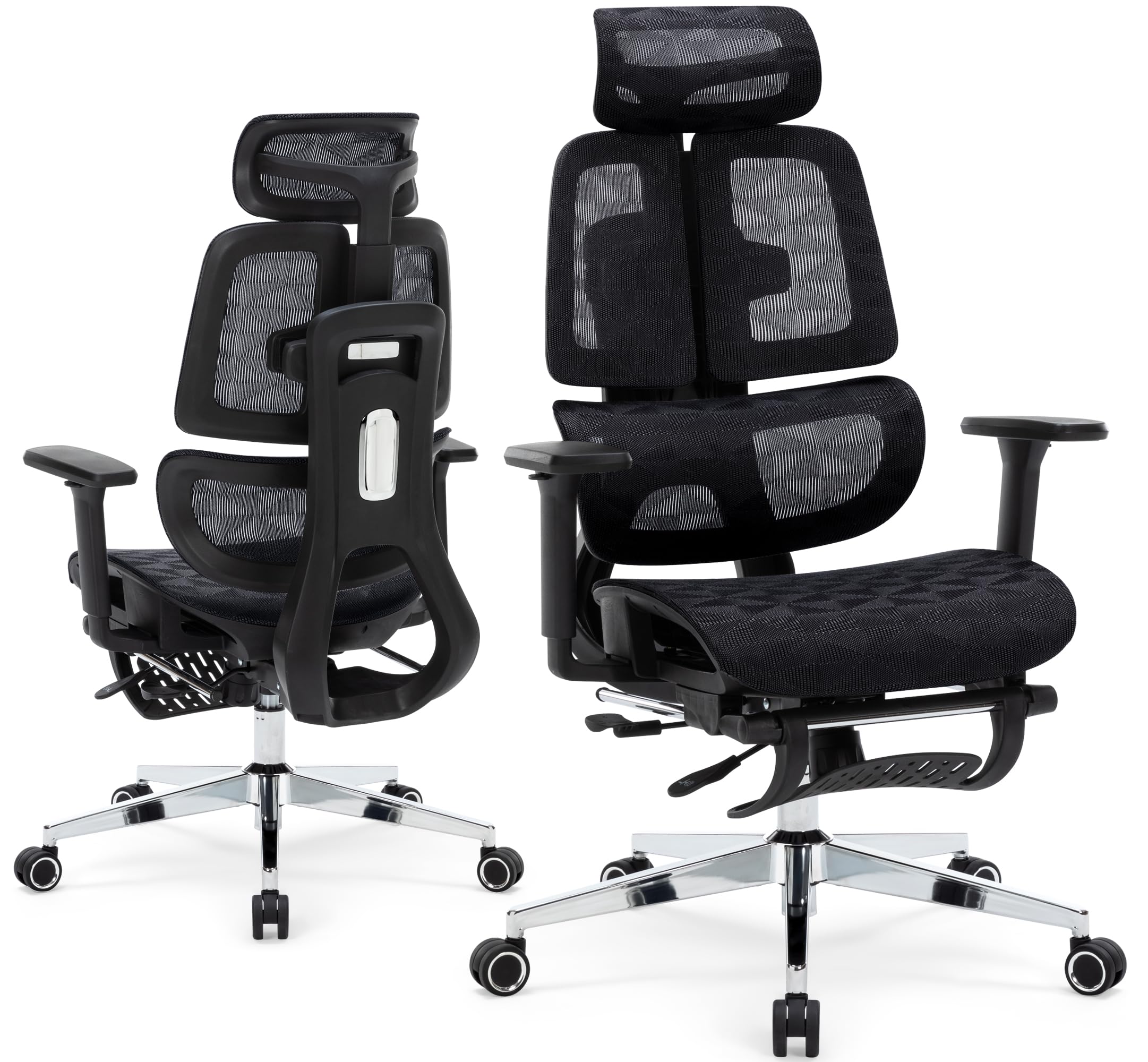 Ergonomic Dual Backrest Office Chair with Footrest- High Back Mesh Desk Computer Chair with Adjustable Seat Depth and Adaptive Lumbar Support, 4D Arms Metal Base Multifunctional Executive Swivel Chair