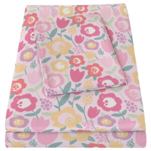 bedmoon girls twin sheets, kids pink floral bed sheet set with non-slip fitted sheet, girls soft flower microfiber twin sheets & pillowcases