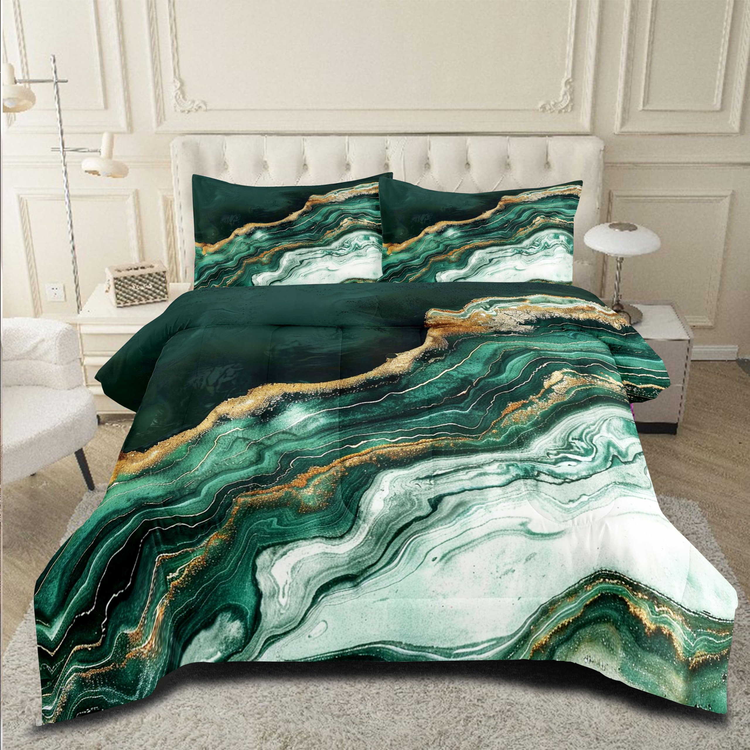 CCoutueChen Olive Green Marble Comforter Set Queen Size Abstract Gold Marble Bedding Sets Contemporary Comforter Modern Marble Bed Set 3Pcs Soft Fluffy Lightweight Comforter (Girls Women Adult)