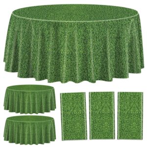 pixhotul 3 pcs green grass tablecovers, round grass pattern plastic tablecloths, soccer party supplies for sports theme parties supplies golf soccer football event decor, 84 x 84 inch