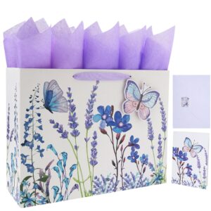 16.5" extra large purple gift bag set with greeting card and tissue papers (lavender and 3d butterfly) for women's birthday party, girls' or kids' party, mothers' day, wedding, anniversary, baby shower - 16.5”x5.5”x12.6”, 1 pcs.