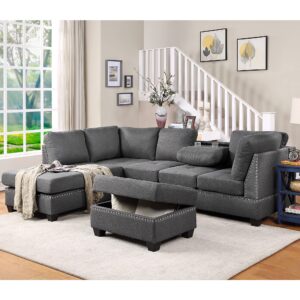 prohon oversized reversible sectional sofa with storage ottoman, cup holder, 3 pieces rivet living room furniture set w/ornament ornament convertible chaise modern modular sectional couch, gray