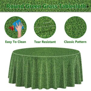 PIXHOTUL 3 Pcs Green Grass Tablecovers, Round Grass Pattern Plastic Tablecloths, Soccer Party Supplies for Sports Theme Parties Supplies Golf Soccer Football Event Decor, 84 x 84 Inch