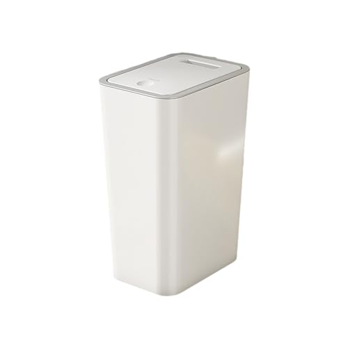 ABWOO Bathroom Trash Can with Press Lid, Small Garbage Can for Bedroom, Covered Slender Plastic Garbage Bin, Push Top Lid White Small Waste Bin for Restroom 2.8 Gallon