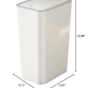 ABWOO Bathroom Trash Can with Press Lid, Small Garbage Can for Bedroom, Covered Slender Plastic Garbage Bin, Push Top Lid White Small Waste Bin for Restroom 2.8 Gallon