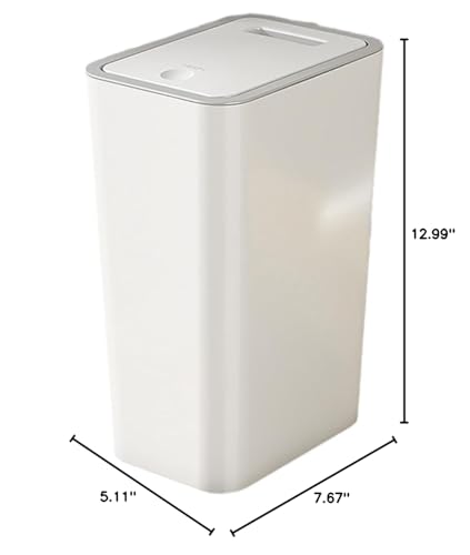 ABWOO Bathroom Trash Can with Press Lid, Small Garbage Can for Bedroom, Covered Slender Plastic Garbage Bin, Push Top Lid White Small Waste Bin for Restroom 2.8 Gallon