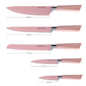 KoudHug Kitchen Knife Set, 9 pieces Pink Knife Set with Acrylic Block Cutting Board & Sharpener, High Carbon Stainless Steel Chef Knife Block Set for Cutting Slicing Dicing Chopping, Nonstick Coating