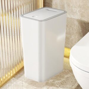 ABWOO Bathroom Trash Can with Press Lid, Small Garbage Can for Bedroom, Covered Slender Plastic Garbage Bin, Push Top Lid White Small Waste Bin for Restroom 2.8 Gallon