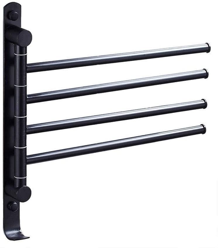 YXCNP Bathroom Foldable 4-Arm Swivel Towel Hanger, Wall Mounted Stainless Steel Kitchen Thicken Towel Holder Rack with Hook Bath Towel Holder/Black