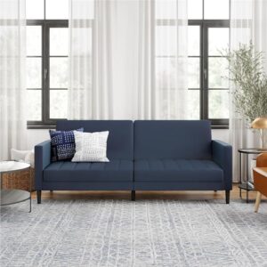 dhp farnsworth 79 inch futon sofa bed, upholstered couch sleeper with tufted seat, mid-century modern, navy