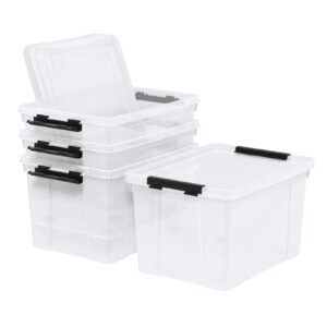 minekkyes 22 quart stackable plastic storage bins with lids and latching buckles, 4 pack tubs boxes organizing, clear