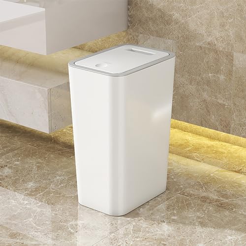 ABWOO Bathroom Trash Can with Press Lid, Small Garbage Can for Bedroom, Covered Slender Plastic Garbage Bin, Push Top Lid White Small Waste Bin for Restroom 2.8 Gallon