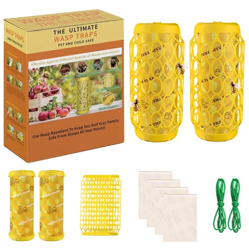 Wasp Trap Carpenter Bee Trap 2 PCS & Replaceable Sticky Boards 4 PCS & Hanging Strings 2 PCS | Repellent Wasp Trap Hanging for Yellow Jacket Wasp Killer Catcher | Reusable & Durable Bee Catcher