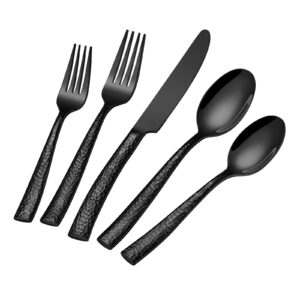 black hammered silverware set,40-piece stainless steel heavy duty flatware set for 8,food-grade tableware cutlery set, mirror utensil sets for home restaurant