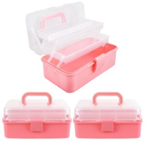 akamino 2 pcs multipurpose storage box with handle,3-layer plastic sewing, art & craft case,11 in portable locking tool container tackle box for cosmetic medicine jewelry hair accessories(pink)