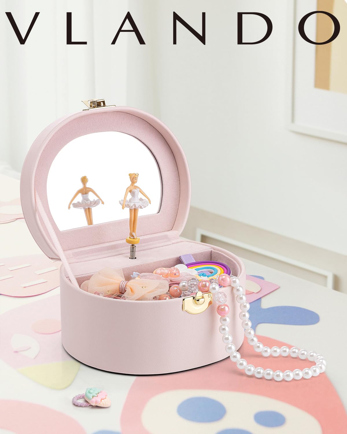 Vlando Musical Jewelry Box for Girls, Small Kid Music Box with Ballerina for Birthday Bedroom Decor, Gifts for Girls Kids - Light Pink