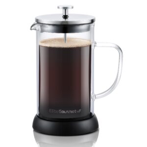 elite gourmet fp1223x french press 34-ounce, double wall insulated heavy duty thick high-heat borosilicate glass, bpa-free, cold brew coffee maker, 1-liter