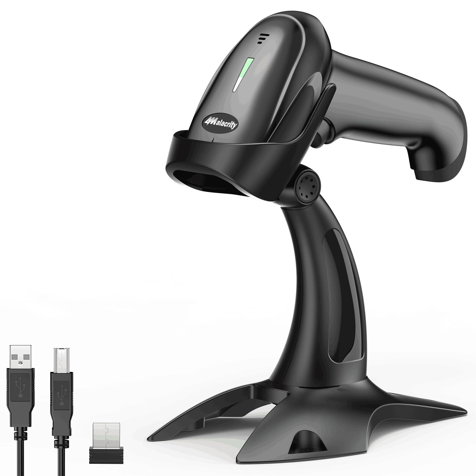 Alacrity 1D 2D Wireless Barcode Scanner with Stand Handheld & Handsfree QR Wired & Wireless 2 in 1 Inventory Bar Code Reader with 1800mA*H Rechargeable Battery 98ft Wireless Transmission Distance