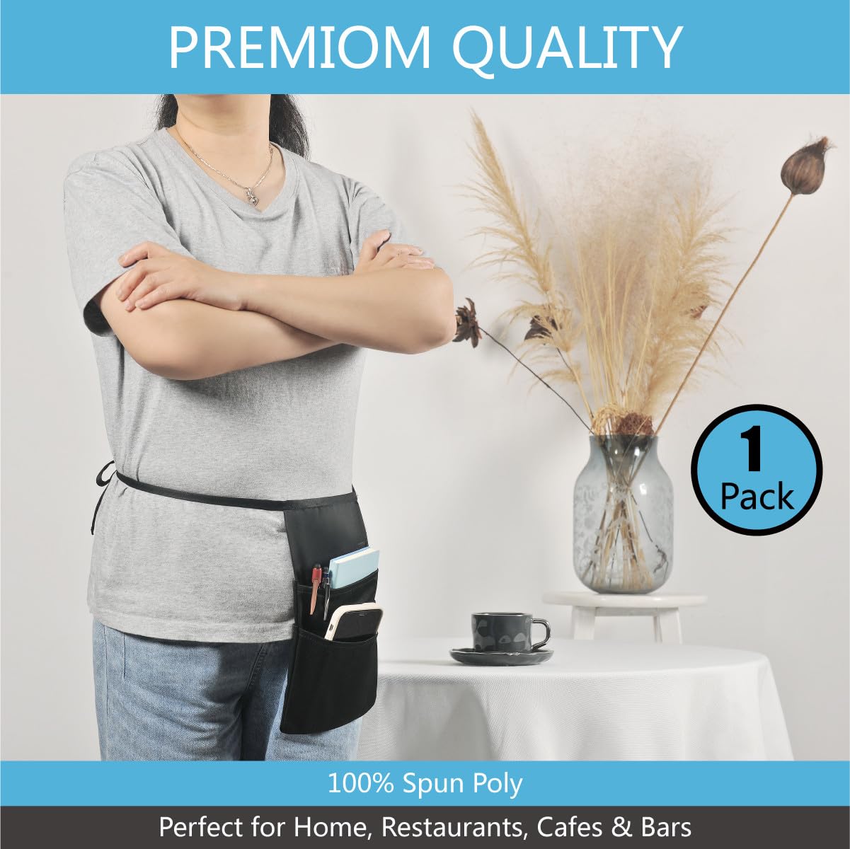 tsmyp Hip pouch apron Black Waitress Waiter Server Short Aprons Kitchen apron,Two front and two back pockets (hip pouch apron, 1)