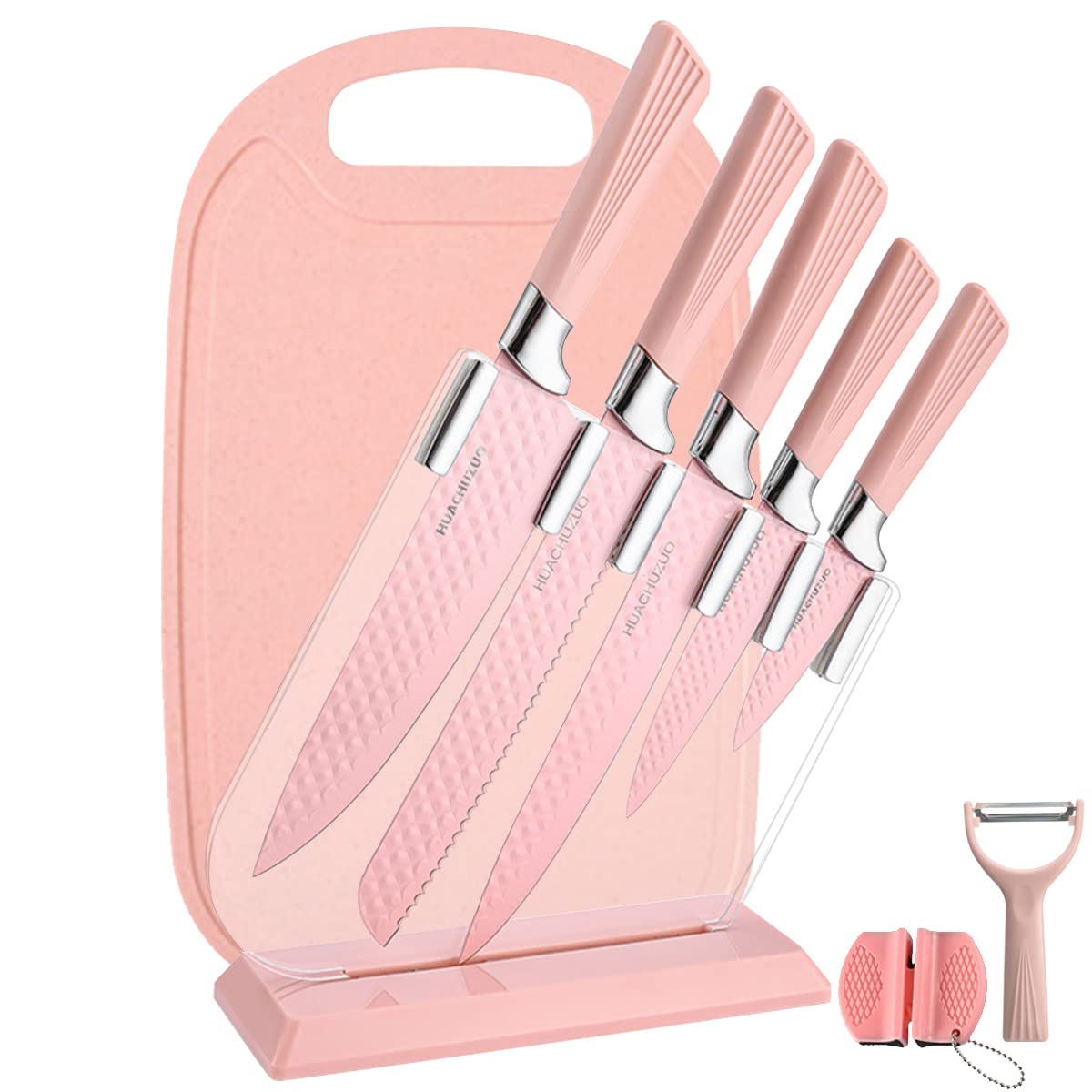 KoudHug Kitchen Knife Set, 9 pieces Pink Knife Set with Acrylic Block Cutting Board & Sharpener, High Carbon Stainless Steel Chef Knife Block Set for Cutting Slicing Dicing Chopping, Nonstick Coating