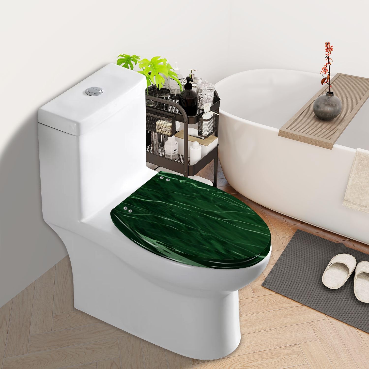 Elongated Toilet Seat Marble texture Green floor Stone wall tiles Slab Granite ceramic Resin Toilet Seat Quietly Slow Close with Quick-Release Hinges Toilet Seat with Cover Easy to Clean Install