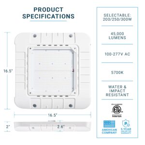 Parmida (4 Pack) LED Canopy Light, Wattage Selectable (200/250/300W), ETL, Dimmable, 100-277VAC, IP65 Waterproof, 5700K, 16.5” x 16.5”, Gas Station, Garage, Street, Outdoor Lighting, Commercial Grade