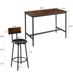 RuiSiSi Industrial Dining Bar Table Set with 4 Stools for Small Space, Metal Kitchen Dining Room Furniture Set with Back Rest Bar Chairs, Wood Tabletop and Upholstered Seat