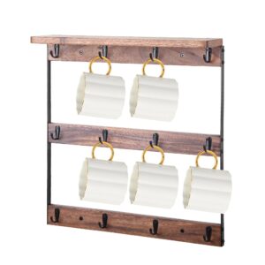 simesove coffee cup holder, coffee mug rack wall mounted, 3 tier rustic wood cups rack with 12 hooks and top storage shelf, for kitchen display and coffee station, brown