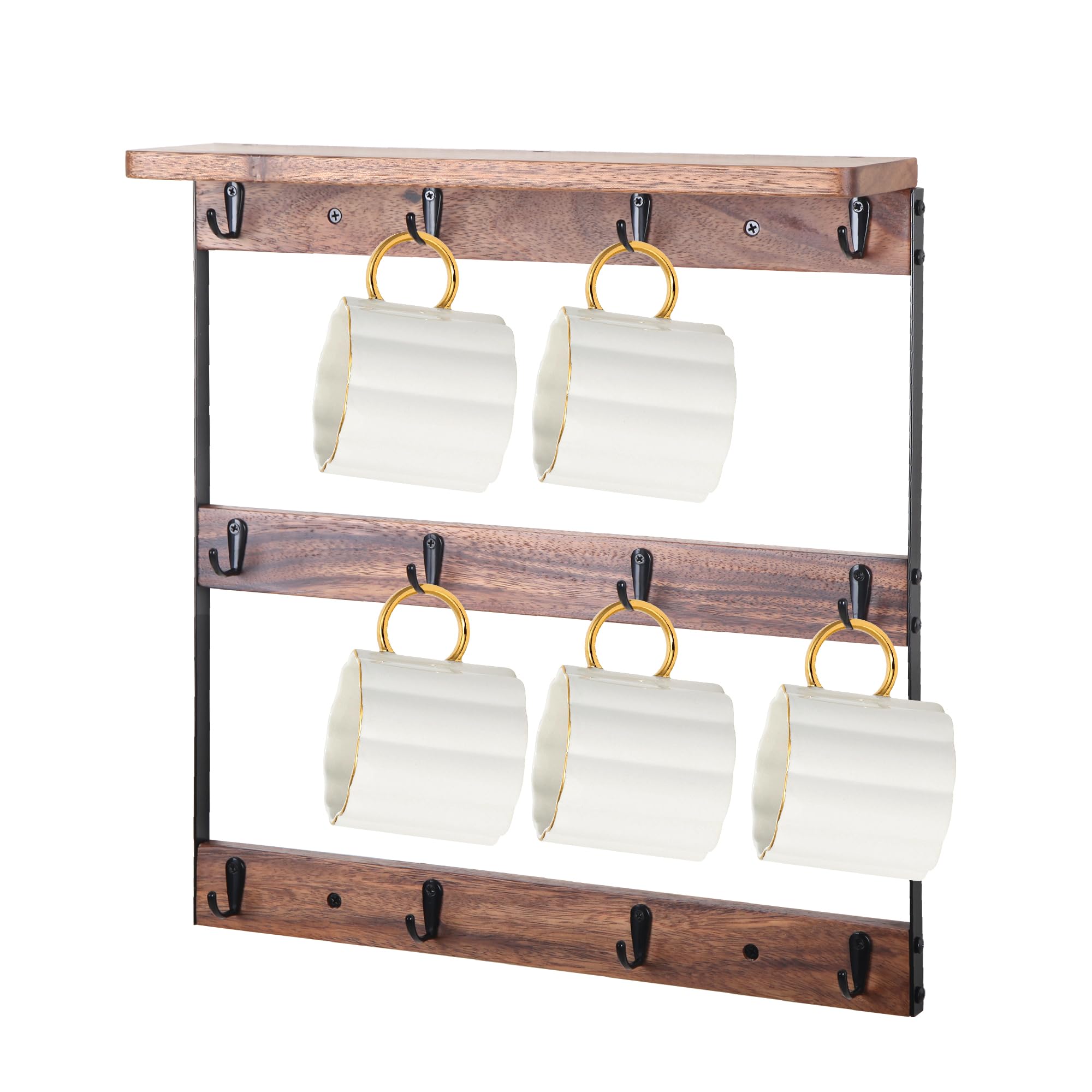 simesove Coffee Cup Holder, Coffee Mug Rack Wall Mounted, 3 Tier Rustic Wood Cups Rack with 12 Hooks and Top Storage Shelf, for Kitchen Display and Coffee Station, Brown