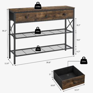 FAVOOSTY Narrow Console Table with 3 Fabric Drawers-39.8" Industrial Entryway Table with 3-Tier Storage Shelves, Thin Sofa Table for Living Room, Hallway, Entry Way, Foyer, Kitchen, Rustic Brown&Black