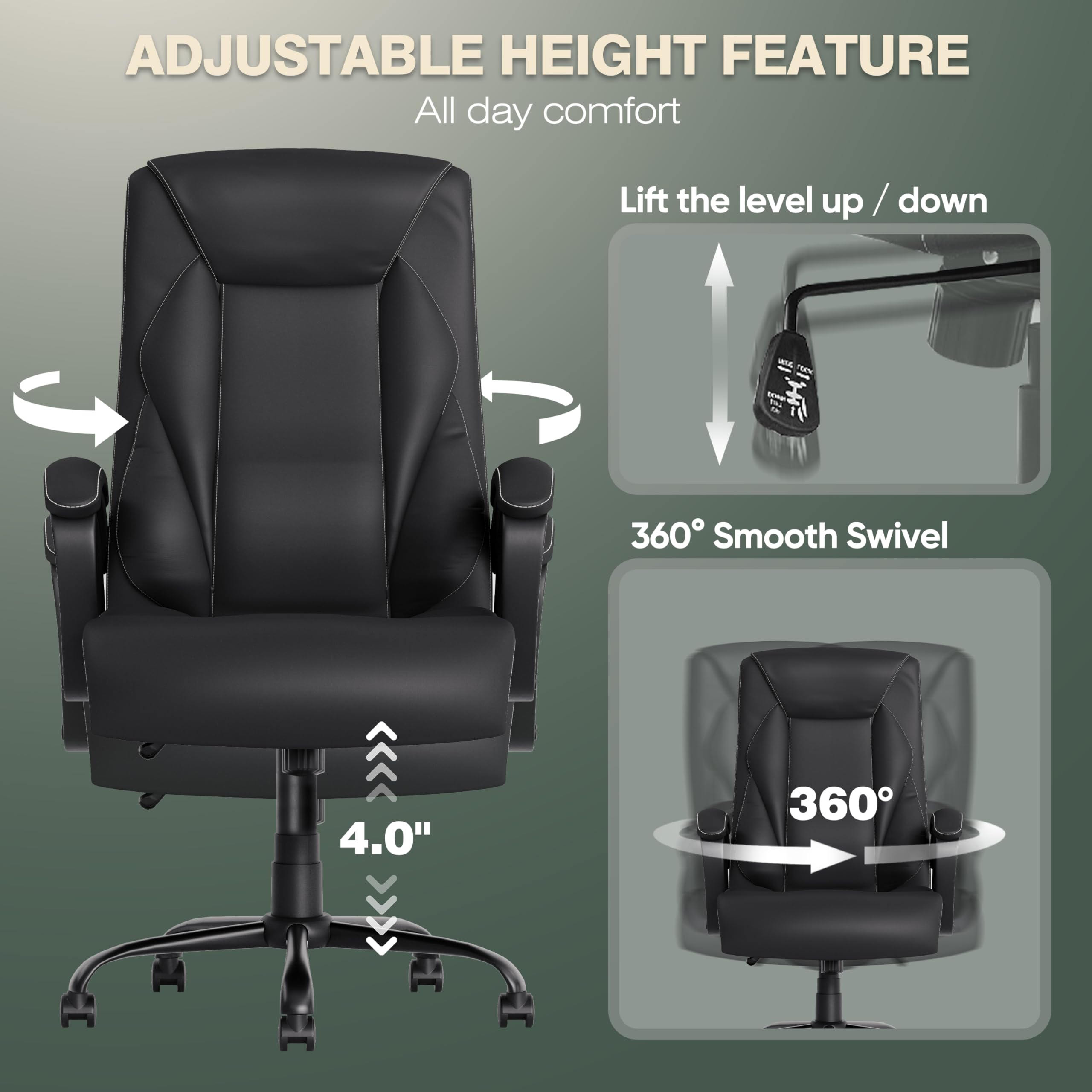 ELABEST Comfy Office Chair with Padded Armrests,High Back Leather Office Chair,Ergonomic Office Chair,Big and Tall Comfortable Executive Office Chair,Computer Desk Chair