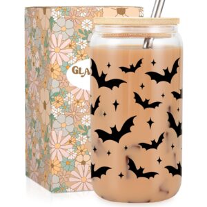 fairy's gift halloween bats cup, halloween spooky gifts, gothic bat glass cup, cute 16 oz iced coffee cup, halloween party, boo basket stuffers, bat themed, halloween gifts for women men bat lover