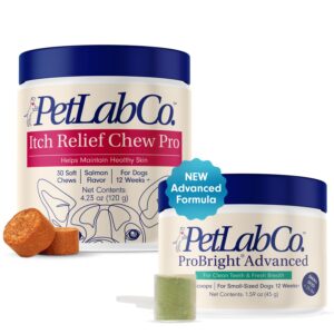 petlab co. – itch & breath bundle: dental powder for fresh breath in just 1 scoop. for small dogs & salmon itch relief chew pro effortless seasonal allergy support