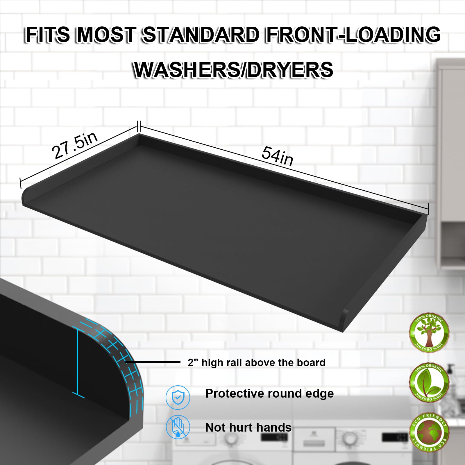 Washer and Dryer Countertop with Edge Rails (Include a Non-Slip) Mat 27.5" Depth x 54" Width Melamine Black, Release Your Laundry Room, Table Top for Washer and Dryer, Washer Dryer Work Surface