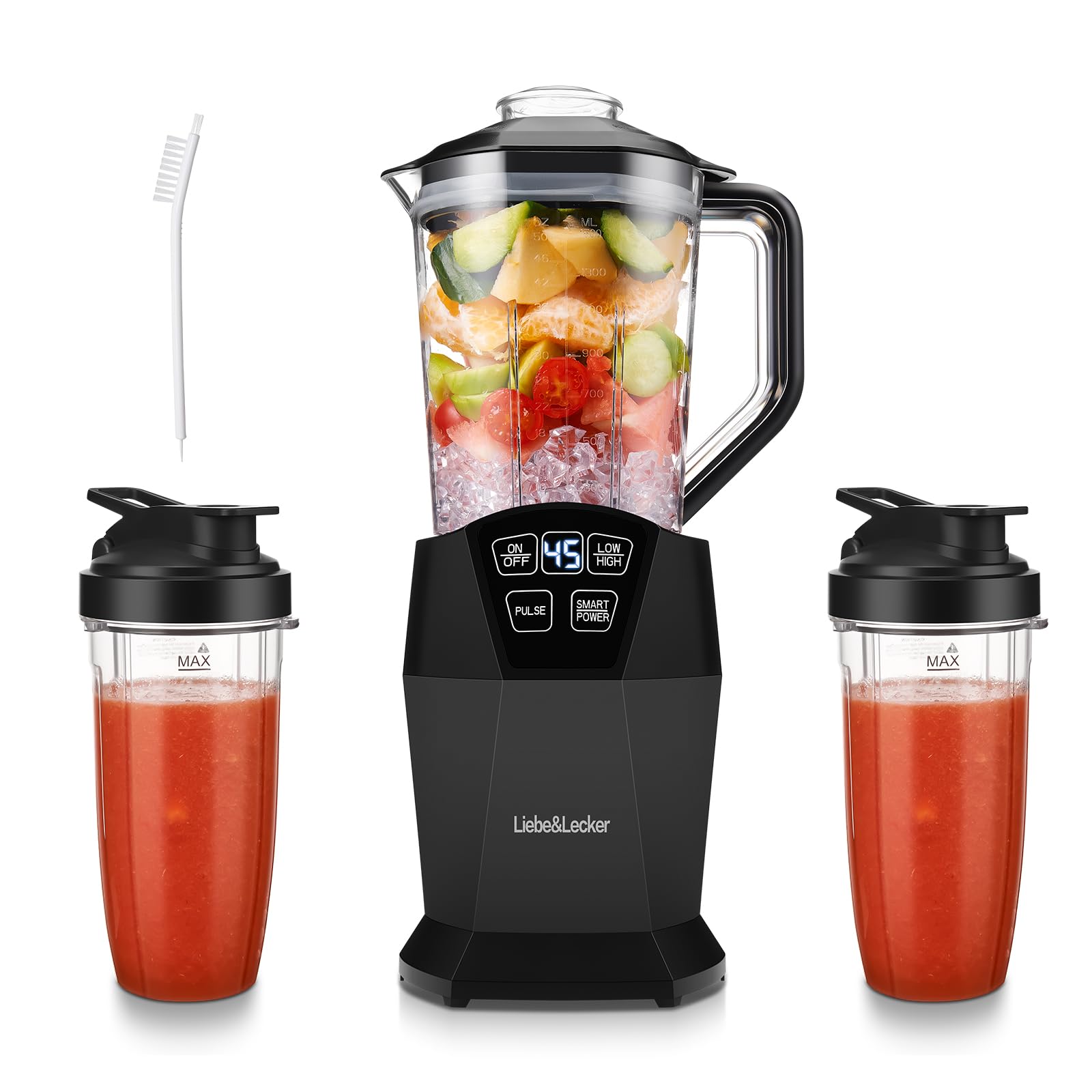 Liebe & Lecker Personal Blender with 1200-Peak-Watts, Smart technology for Frozen Drinks, Shakes, Smoothies & Sauces, Smoothies Blender with 50-oz Pitcher, （2）28-oz To-Go-Cups & Spout Lids, Black