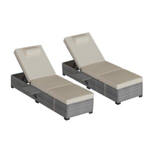 gaomon outdoor pe wicker patio chaise pool lounge chairs, patio pool lounge chairs set, rattan recliners with adjustable backrest, off white cushions, and storage table, set of 2-white