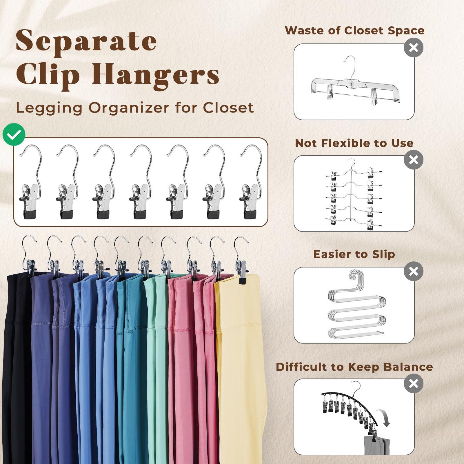 Legging Organizer for Closet, Metal Yoga Pants Hangers 10 Pack Hanging Clips w/Rubber Coated Holds Leggings, Space Saving Hanger Closet Organizers and Storage for Workout Sets, Hat