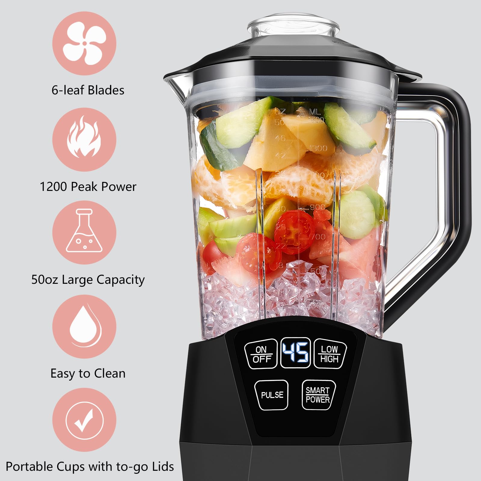 Liebe & Lecker Personal Blender with 1200-Peak-Watts, Smart technology for Frozen Drinks, Shakes, Smoothies & Sauces, Smoothies Blender with 50-oz Pitcher, （2）28-oz To-Go-Cups & Spout Lids, Black