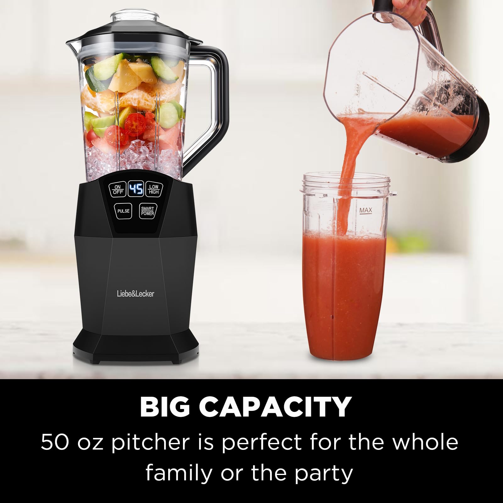 Liebe & Lecker Personal Blender with 1200-Peak-Watts, Smart technology for Frozen Drinks, Shakes, Smoothies & Sauces, Smoothies Blender with 50-oz Pitcher, （2）28-oz To-Go-Cups & Spout Lids, Black