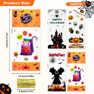 Halloween Treat Bags, Halloween Candy Bags, 100PCS Halloween Cellophane Treat Bags, Halloween Cello Cookies Goodie Gift Snacks Bags with Twists Tie for Halloween Trick or Treat Party Favors Supplies