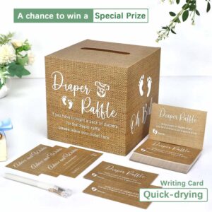 Lopeastar 51Pcs Burlap Print Diaper Raffle Tickets with Box Baby Shower Games, Neutral Kraft Diaper Raffle Cards Box Baby Shower Decorations for Boy Girl