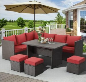 generic 7 piece patio conversation set, outdoor sectional sofa rattan wicker dining furniture, gray (red), dd1123