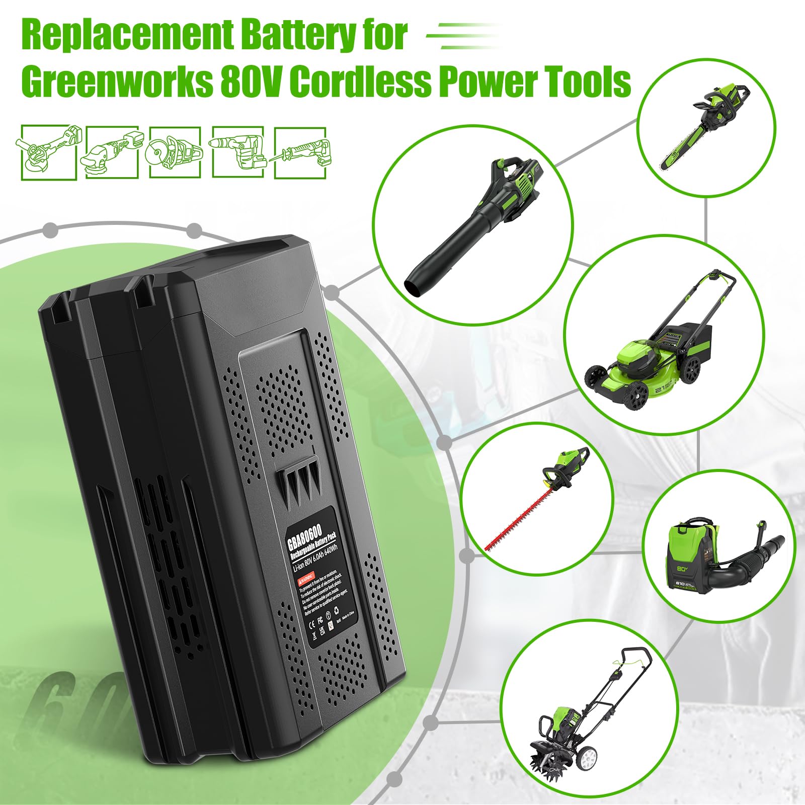 Bonacell 6.0Ah 80V Replacement for Greenworks 80V Battery Compatible for Greenworks 80 Volt Battery GBA80200 GBA80250 GBA80300 GBA80400 GBA80500 Max Cordless Power Tools