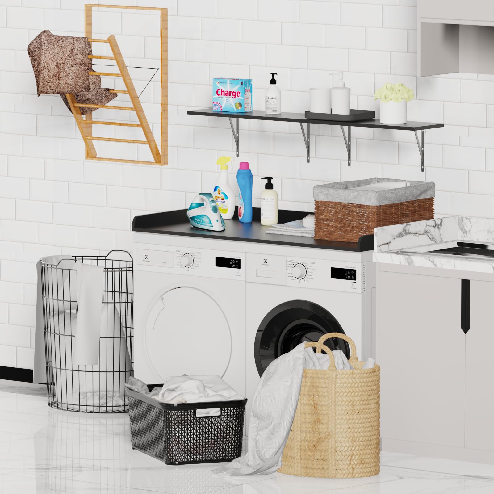 Washer and Dryer Countertop with Edge Rails (Include a Non-Slip) Mat 27.5" Depth x 54" Width Melamine Black, Release Your Laundry Room, Table Top for Washer and Dryer, Washer Dryer Work Surface